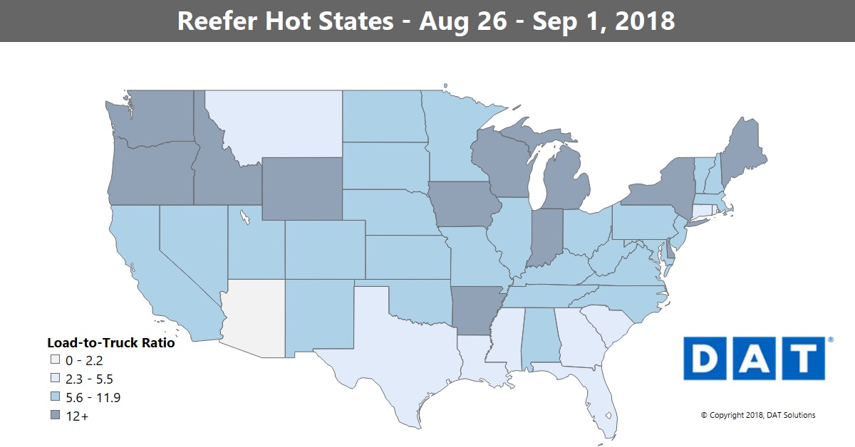 DAT Hot States Spot Rate Maps Aug 26-Sep 1, 2018 | Overdrive