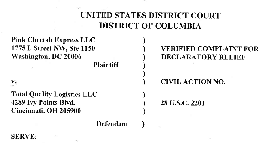 Pink Cheetah Express v. Total Quality Logistics suit filed February 25 ...